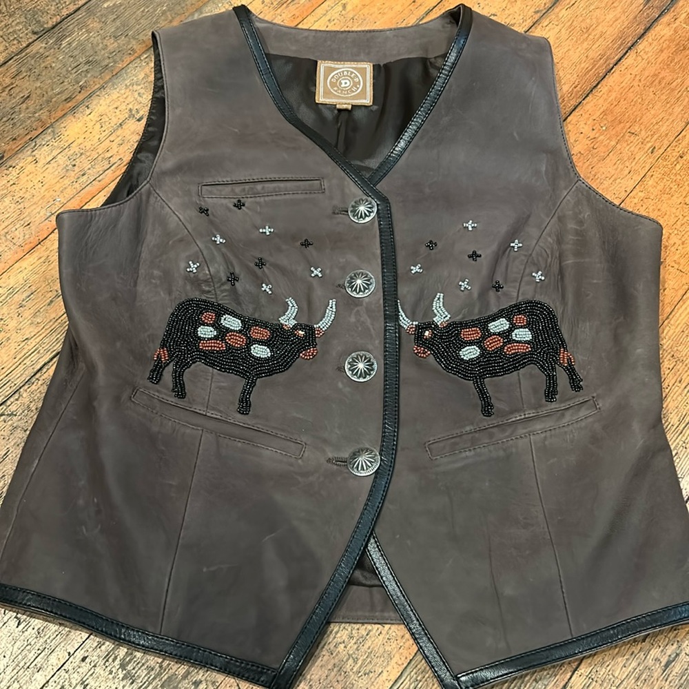 Double D Ranch Leather Beaded Steer Vest - Gem